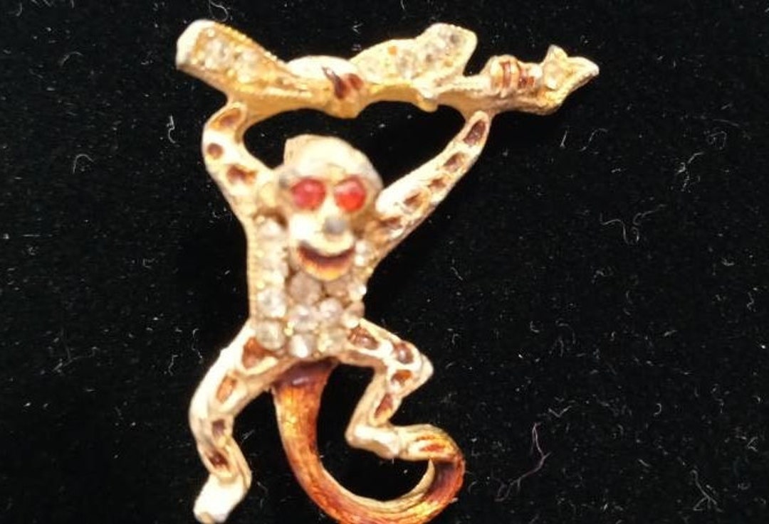 Rare Vintage Monkey Enamel and Rhinestone Pin - Etsy