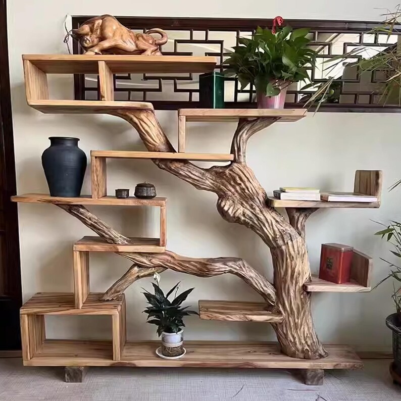 Tree Branch Bookshelf Bookcase Solid Wood Custom Floating Shelves Wall ...