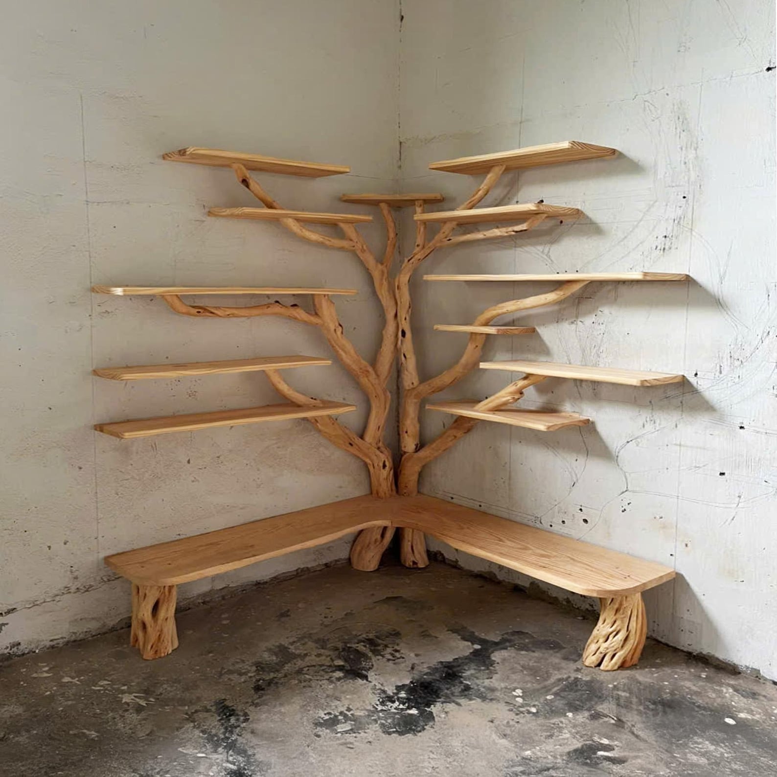 Tree Branch Bookshelf Art Natural Solid Wood Bookcase Decor Corner ...