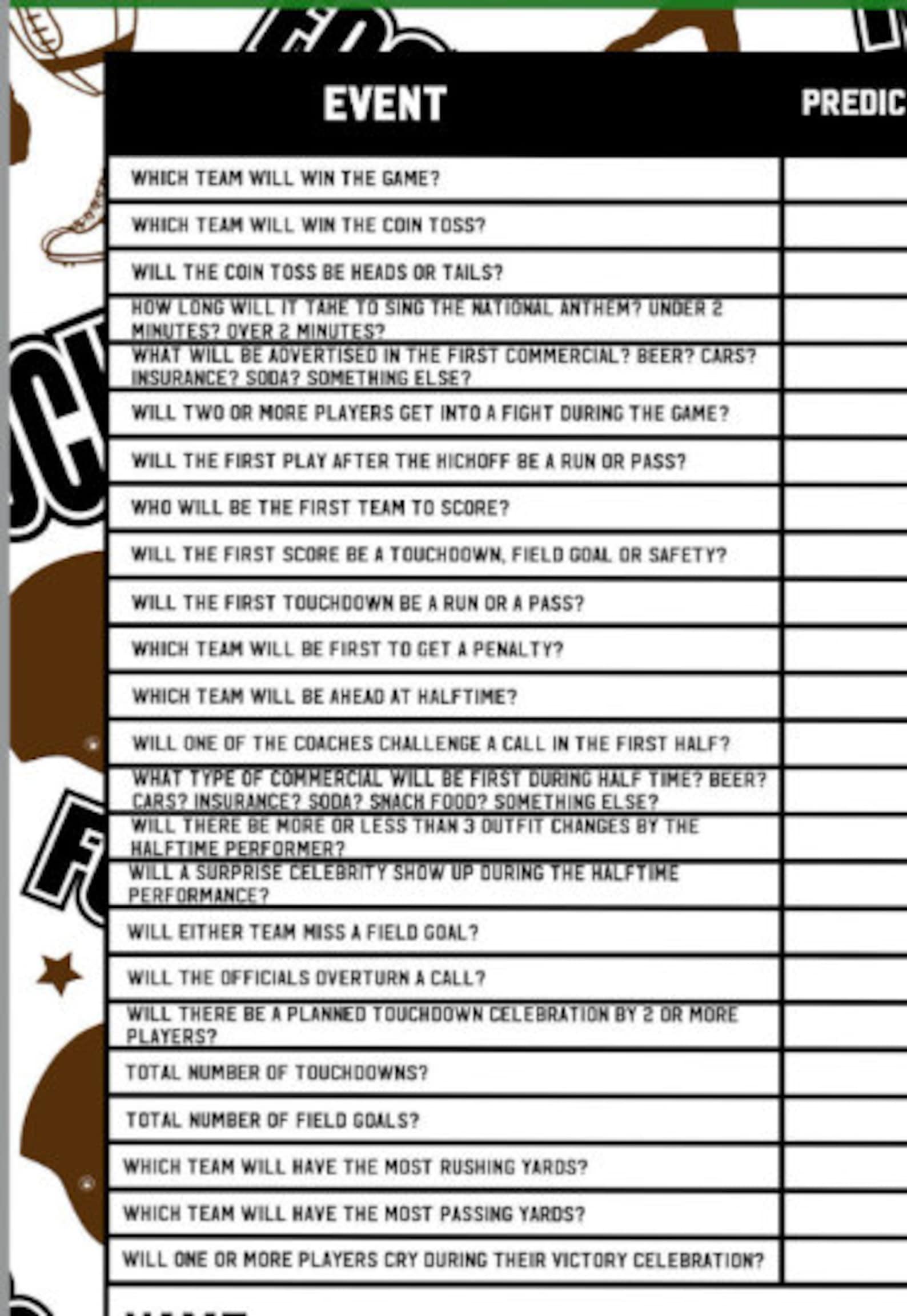 Super Bowl Prediction Game INSTANT DOWNLOAD - Super Bowl Games - Super ...