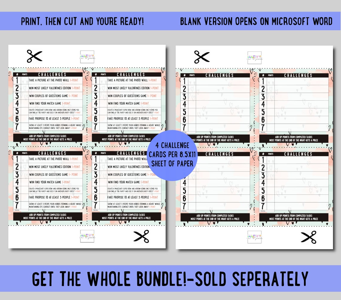 Valentine's Day Challenge Card Game INSTANT DOWNLOAD - Valentine's ...