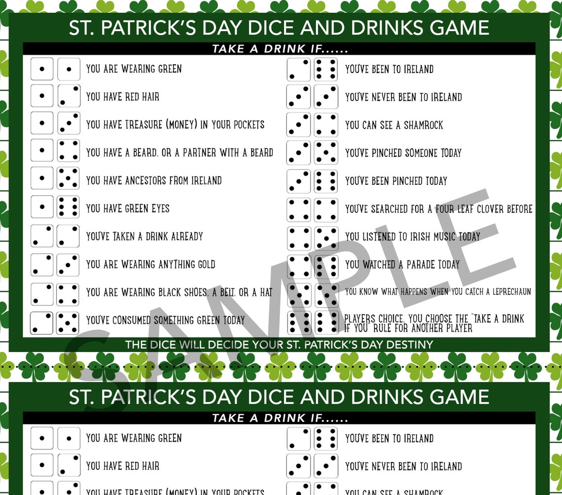St. Patrick's Day Dice and Drinks Game - St. Patrick's Day Drinking ...