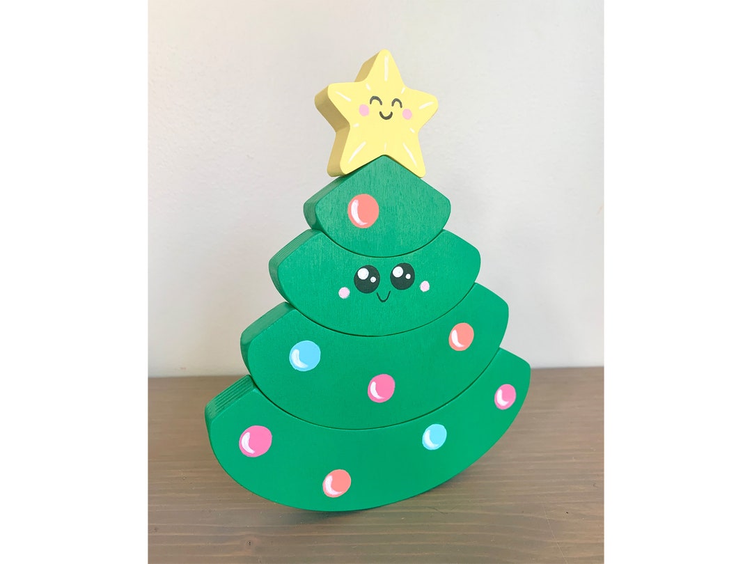 Christmas Wobble Tree Stacker Hand Painted Wooden Stacking Blocks Cute ...