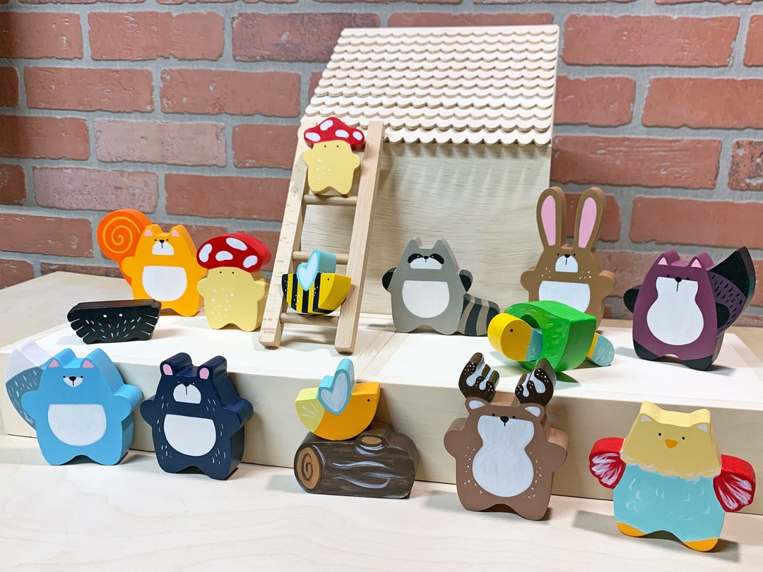Solid Wood Animal Blocks Woodland Theme Hand Painted Carved Wood Toy ...
