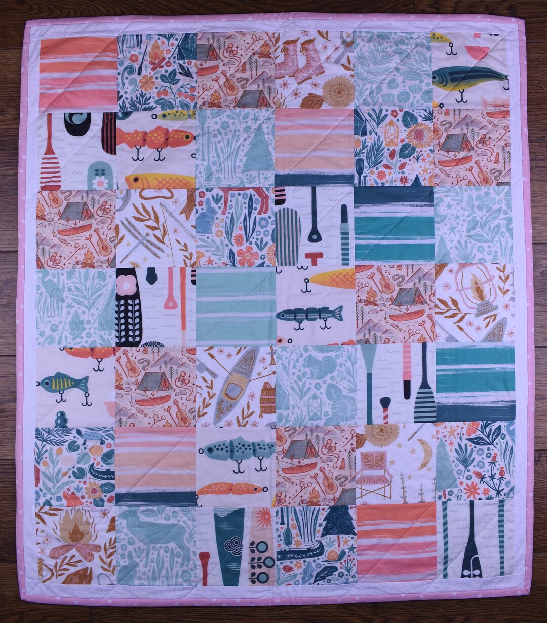 Girly Camping Baby Quilt, Pink Nature Quilt, Baby Shower Gift, Baby ...