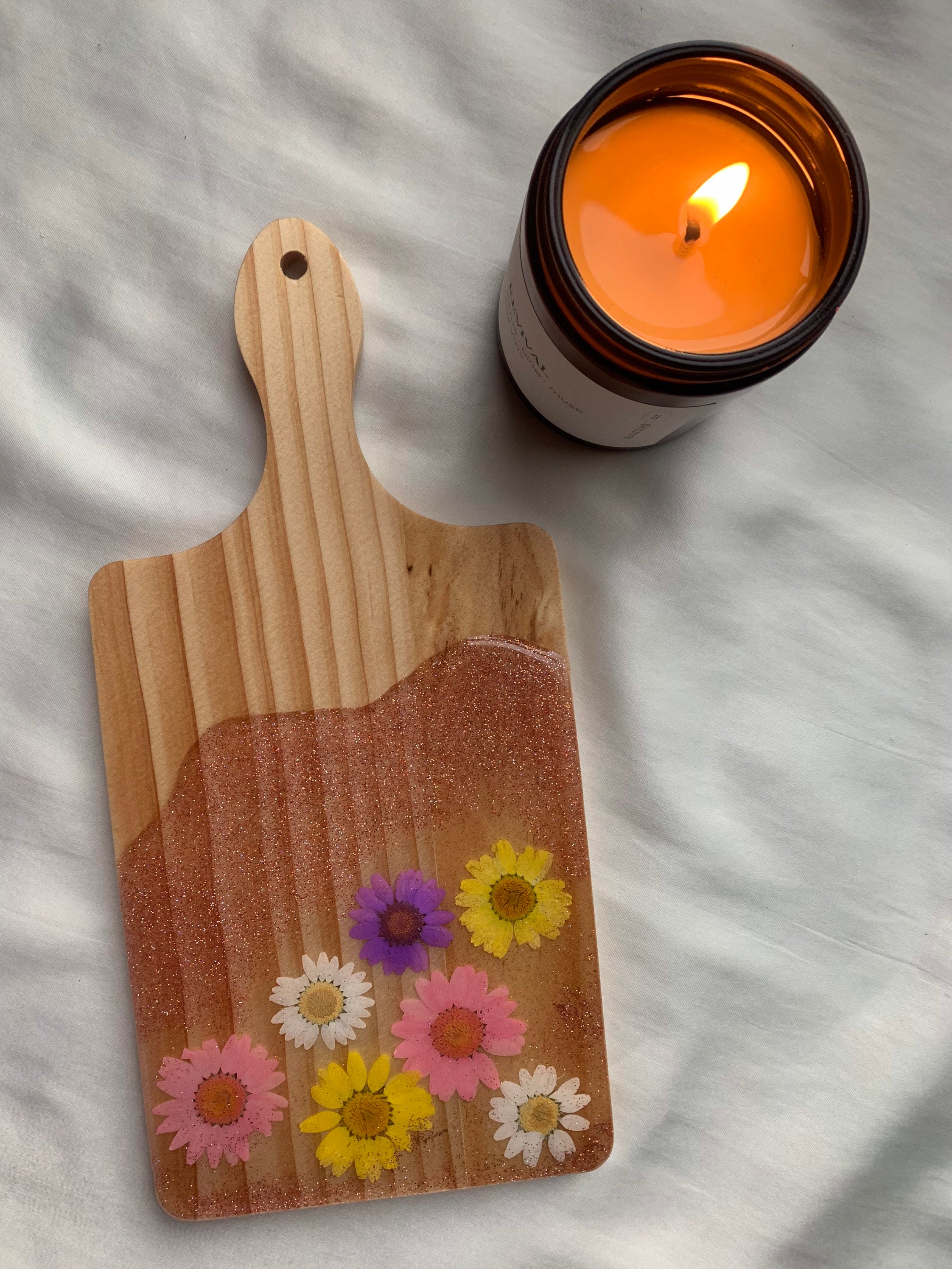 Floral wooden serving board flowers added with resin pink | Etsy
