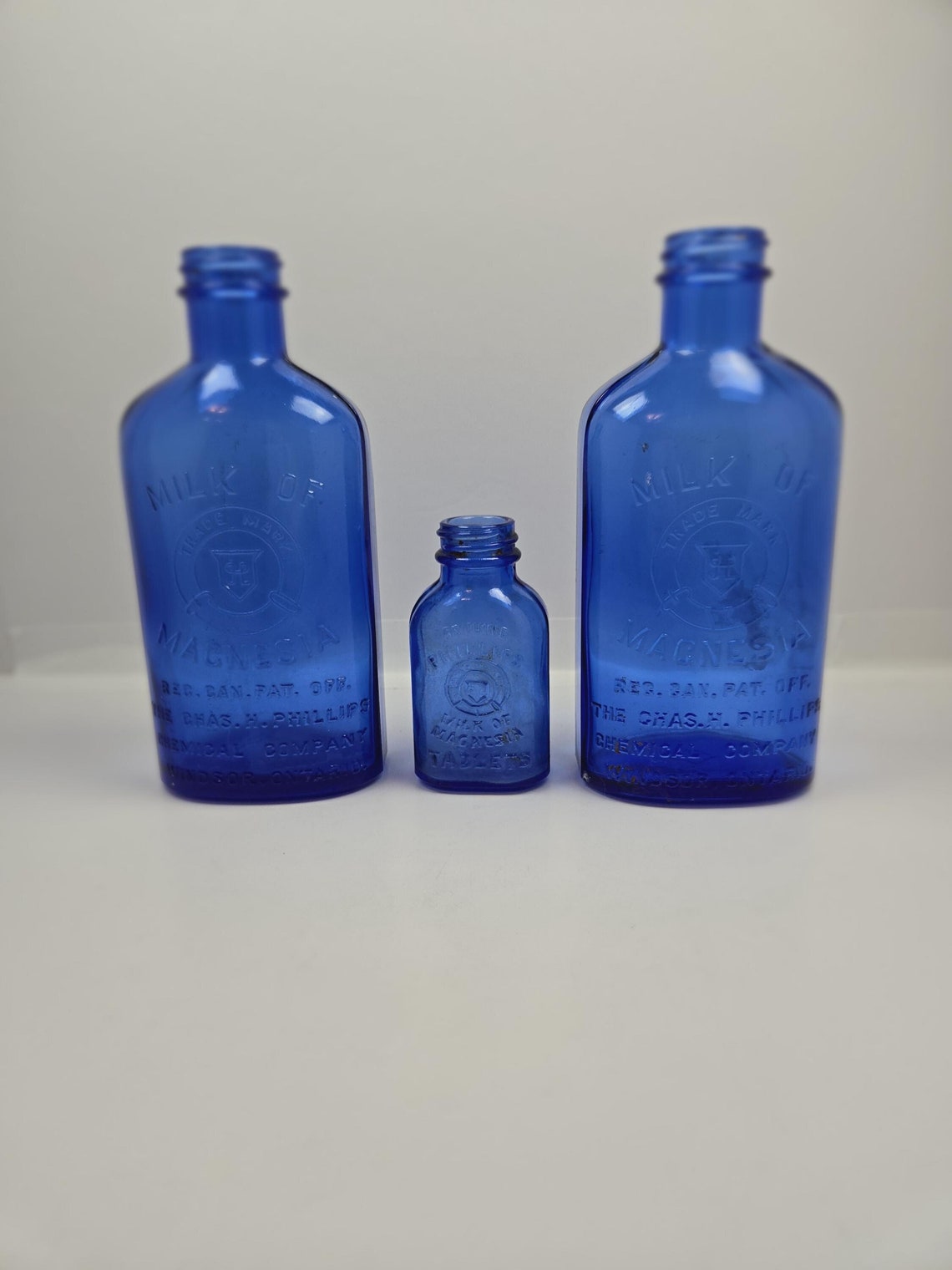 Very Vintage Blue Glass Milk of Magnesia Bottles, Set of 3, 2 Large and ...