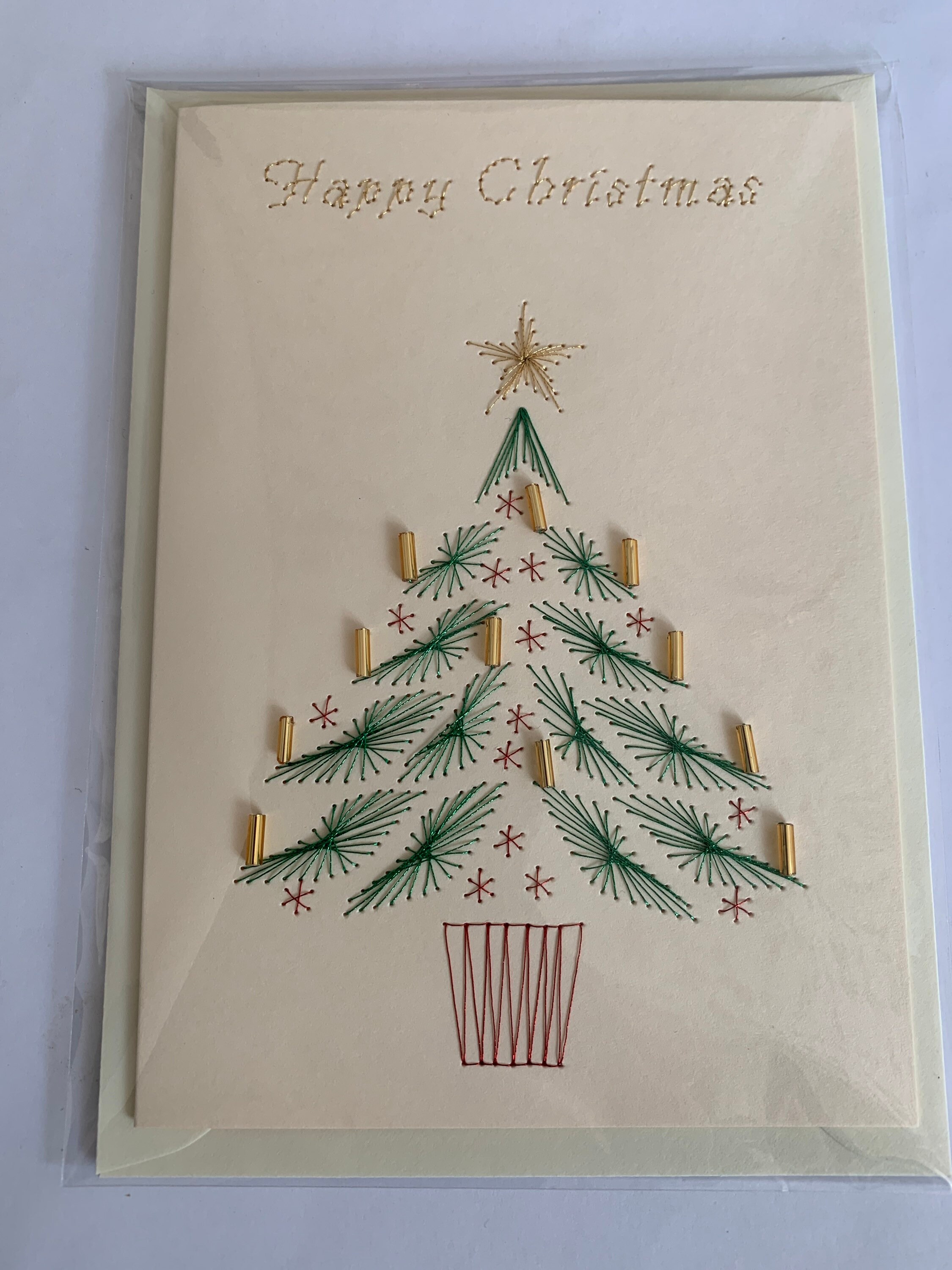 Handmade Hand Stitched Christmas Tree Card With Gold Beads - Etsy