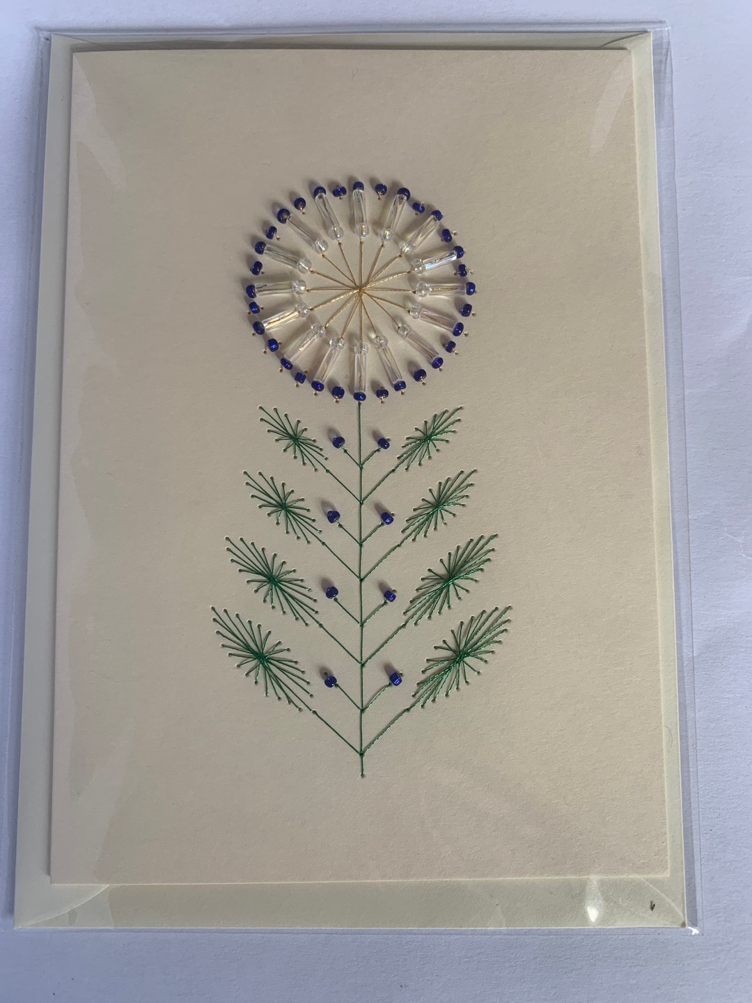 Hand Stitched Birthday Card Beadwork Flower With Clear and Blue Beads ...