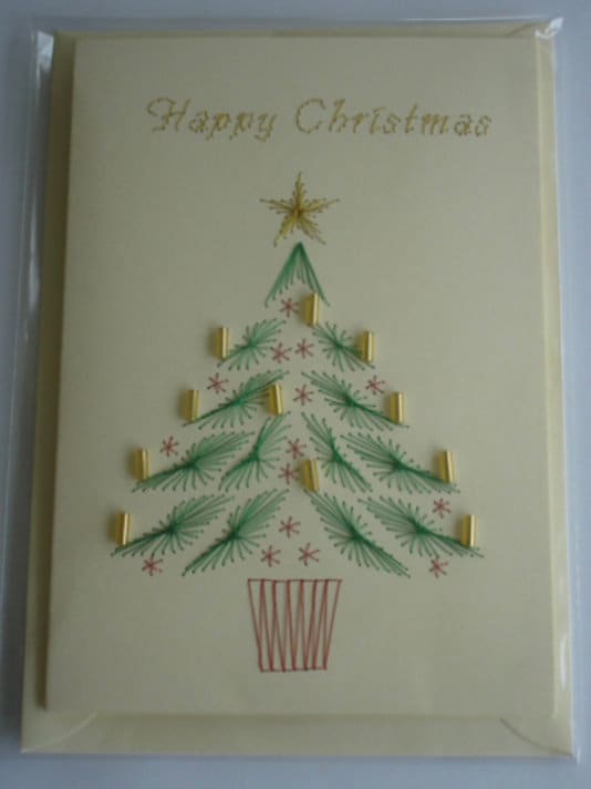 Handmade Hand Stitched Christmas Tree Card With Gold Beads - Etsy
