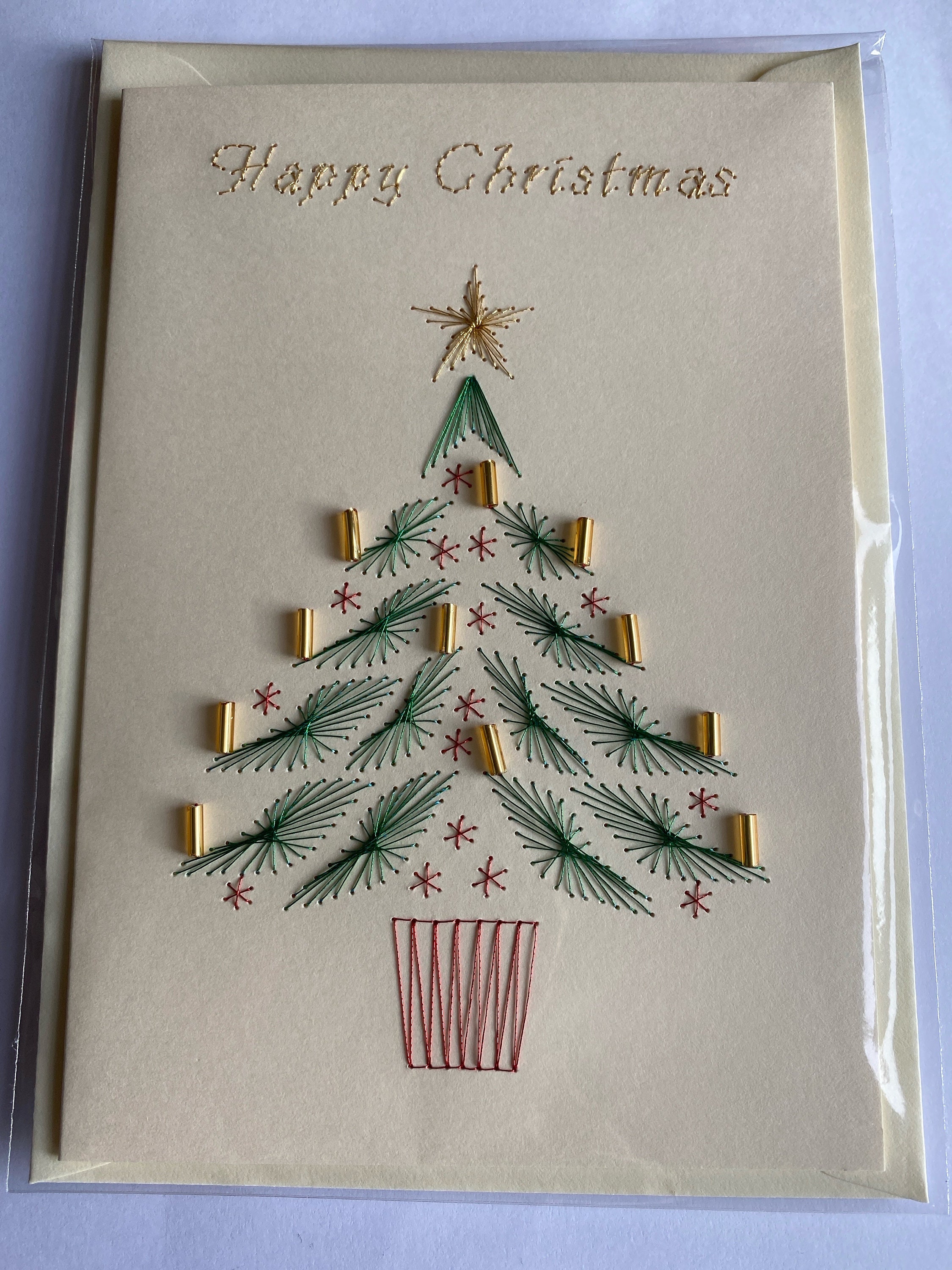 Handmade Hand Stitched Christmas Tree Card With Gold Beads - Etsy