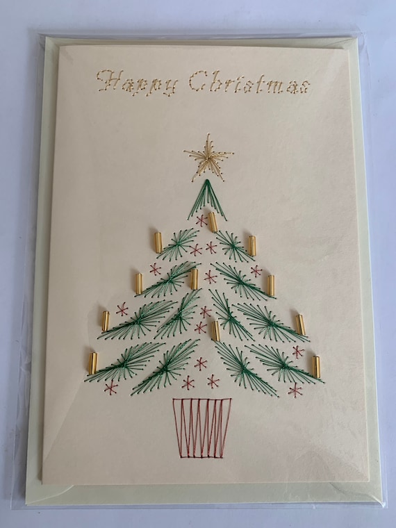 Handmade Hand Stitched Christmas Tree Card With Gold Beads | Etsy