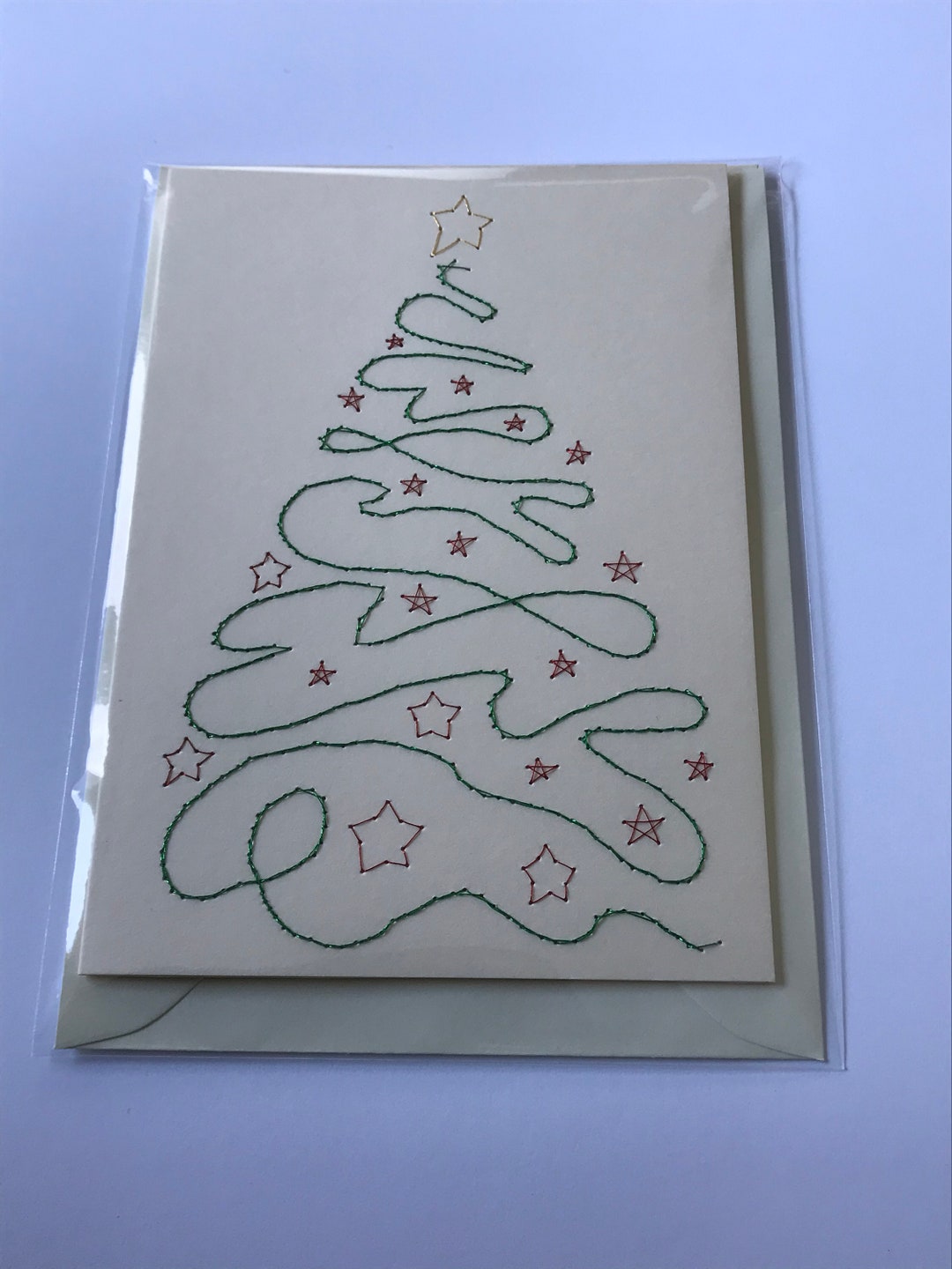 Handmade Hand Stitched Christmas Card Christmas Tree Green and Red - Etsy
