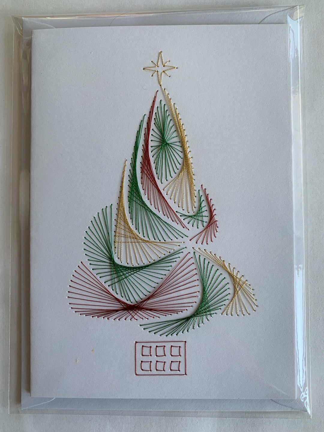 Handmade Hand Stitched Christmas Card Swirl Tree Red, Green, Gold - Etsy UK