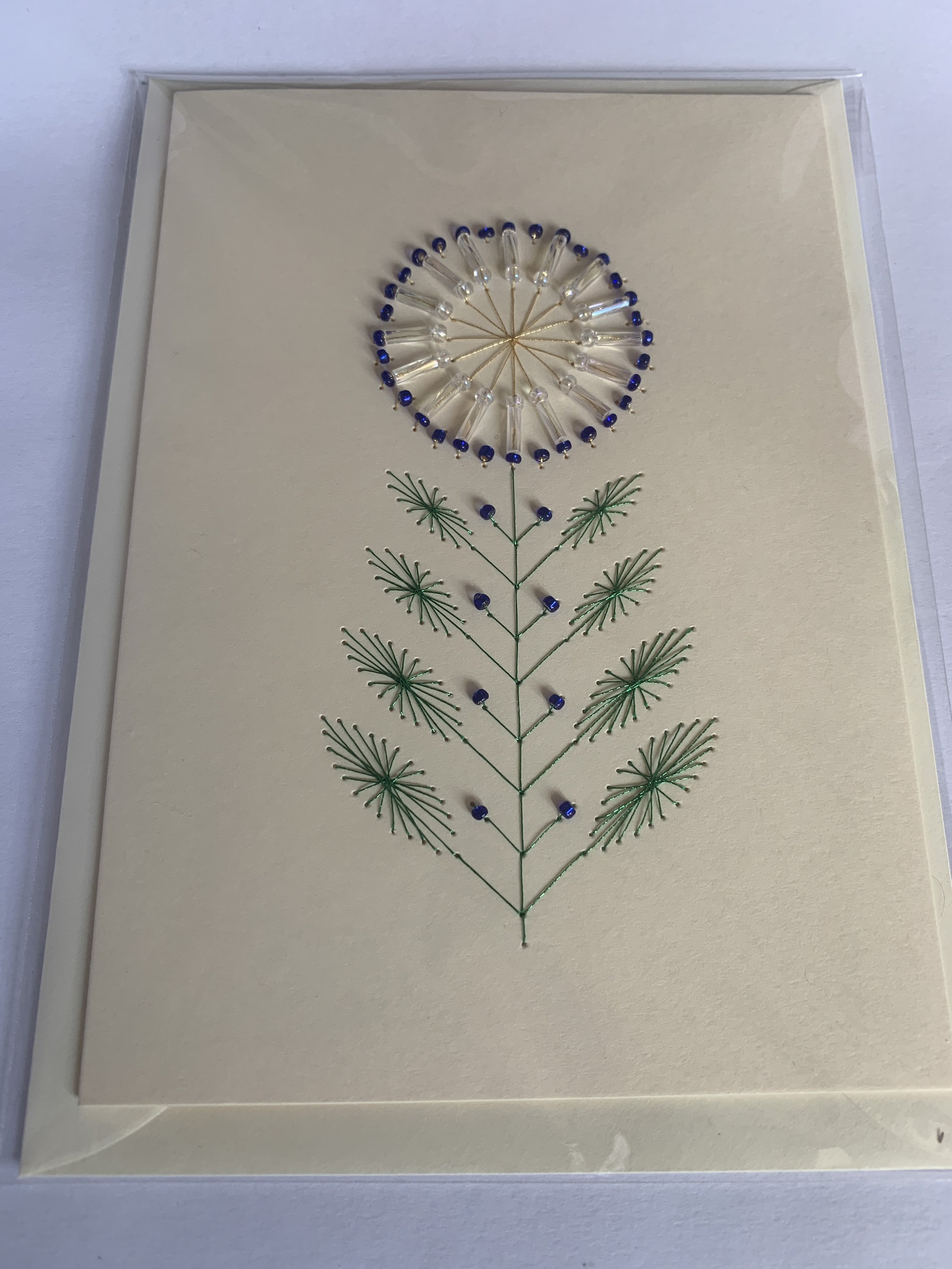 Hand Stitched Birthday Card Beadwork Flower With Clear and Blue Beads ...