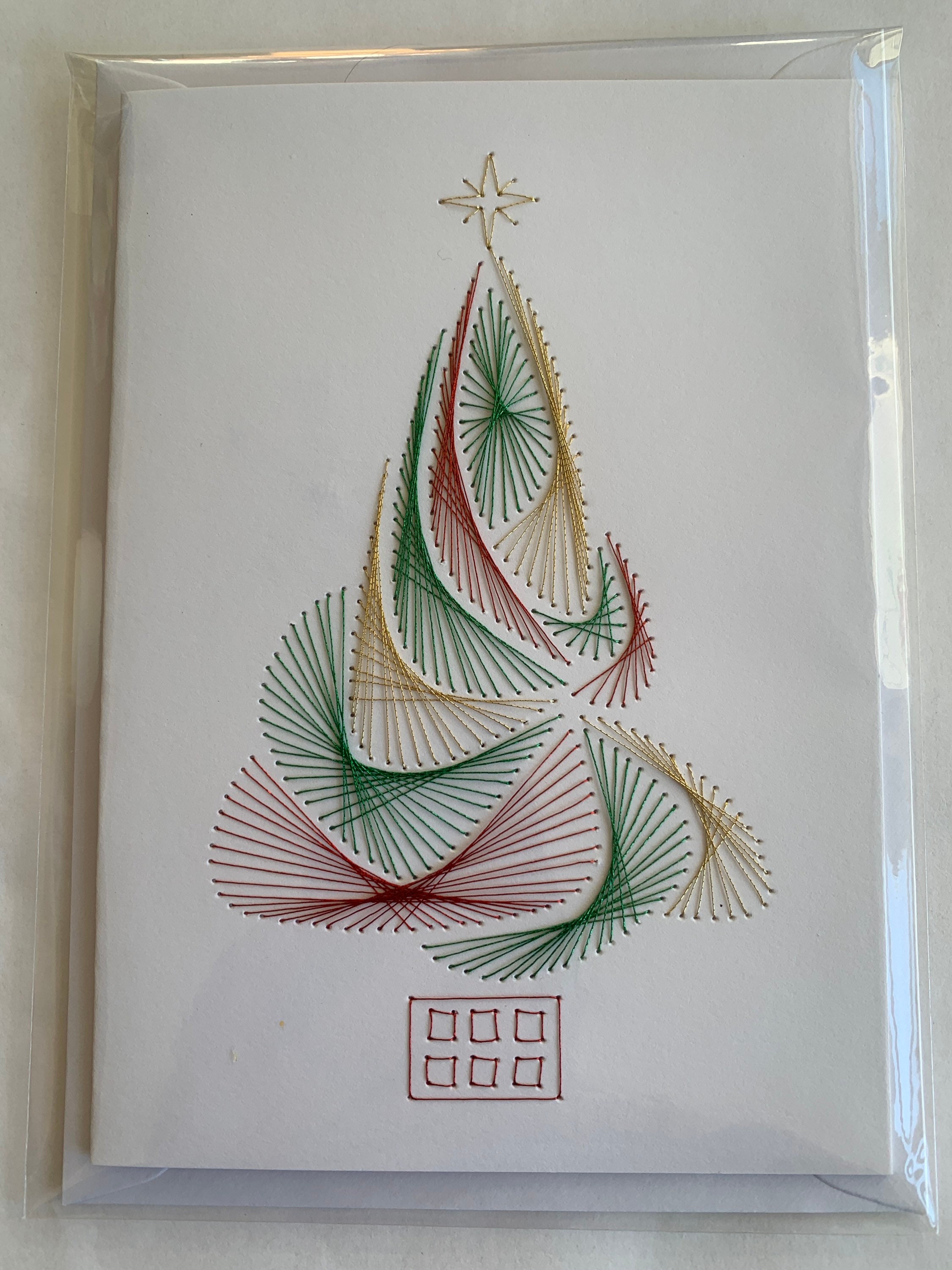 Handmade Hand Stitched Christmas Card Swirl Tree Red, Green, Gold - Etsy UK