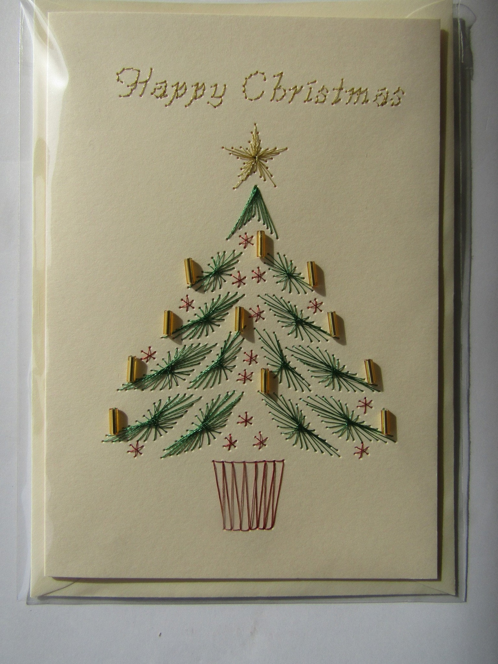 Handmade Hand Stitched Christmas Tree Card With Gold Beads - Etsy