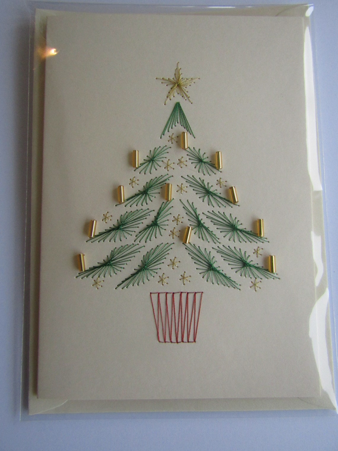 Handmade Hand Stitched Christmas Tree Card With Gold Beads - Etsy