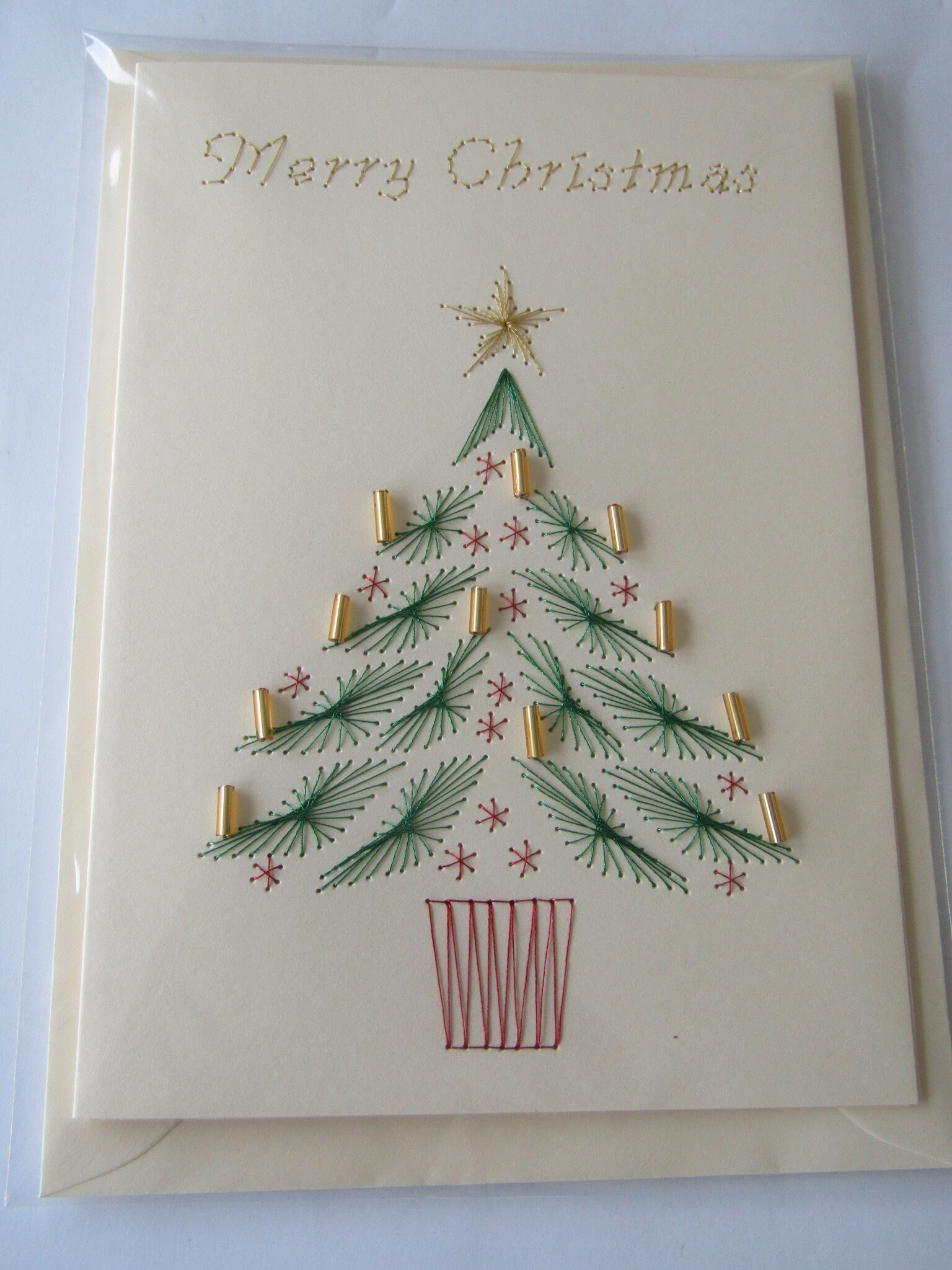 Handmade Hand Stitched Christmas Tree Card With Gold Beads - Etsy