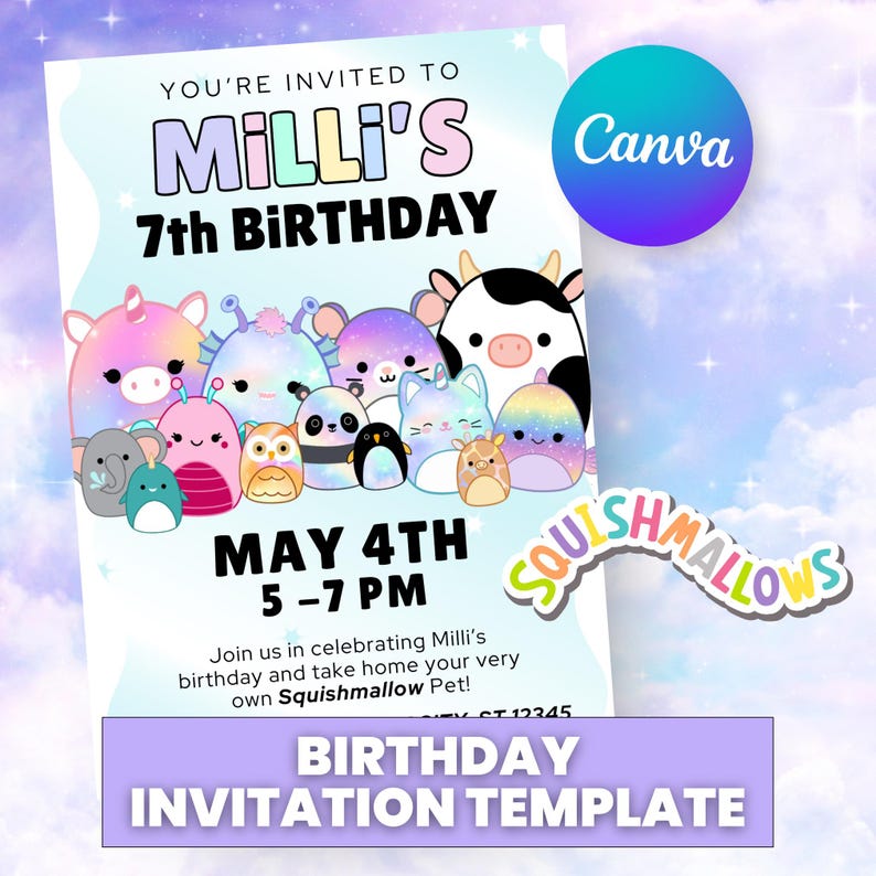Squishmallow Birthday Invitation: Editable Canva Template (digital ...