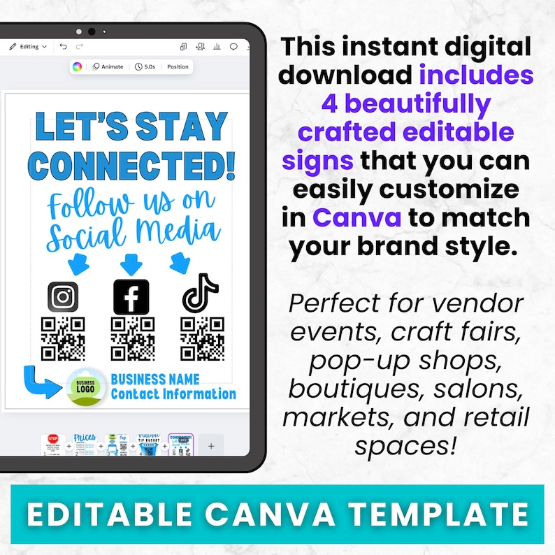 Customizable Business Table Sign Bundle: QR Code, Vendor Display (canva ...