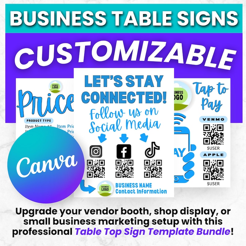 Customizable Business Table Sign Bundle: QR Code, Vendor Display (canva ...