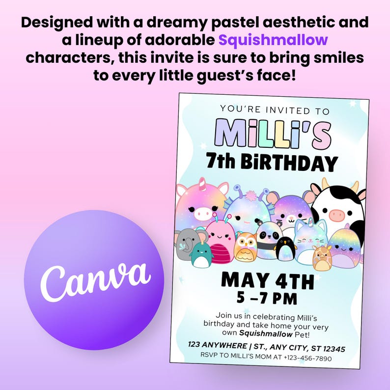 Squishmallow Birthday Invitation: Editable Canva Template (digital ...