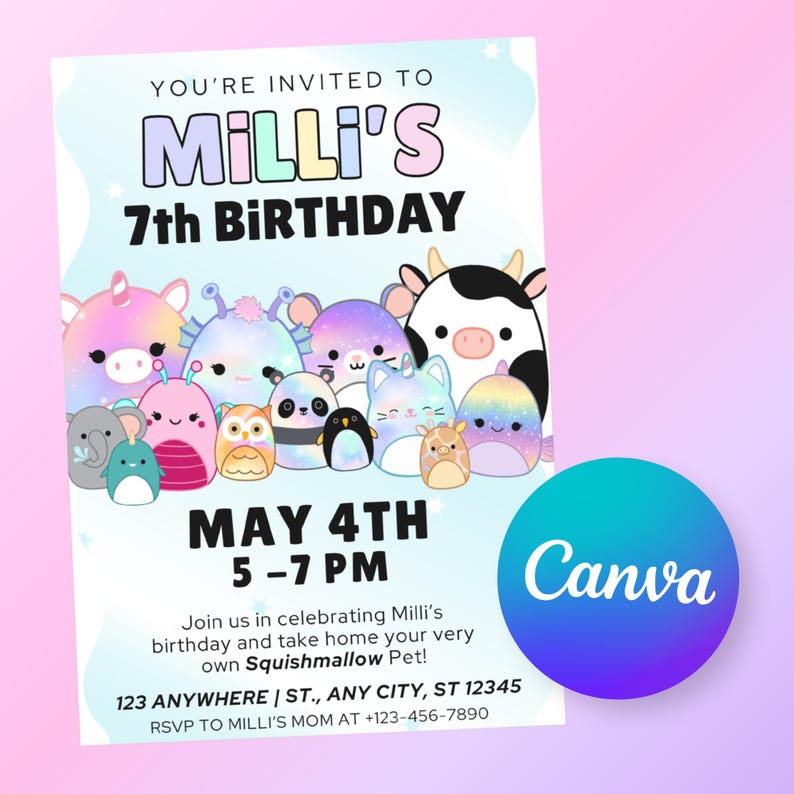 Squishmallow Birthday Invitation: Editable Canva Template (digital ...