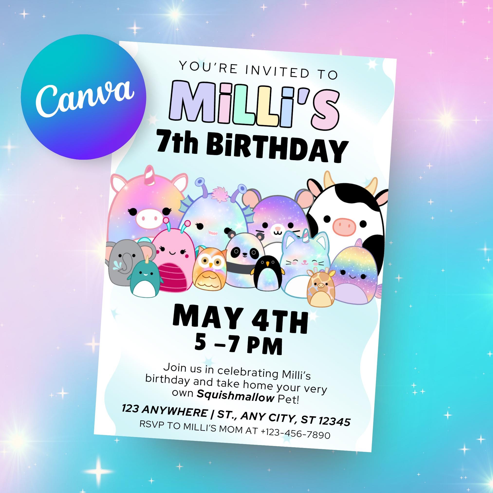 Squishmallow Birthday Invitation: Editable Canva Template (digital ...