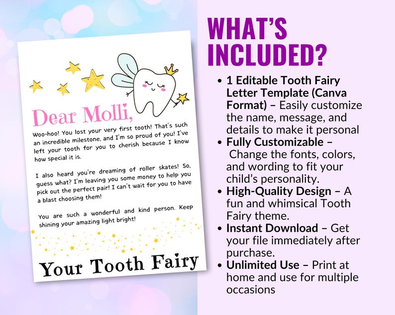 Editable Tooth Fairy Letter Template: Printable Keepsake (canva) - Etsy