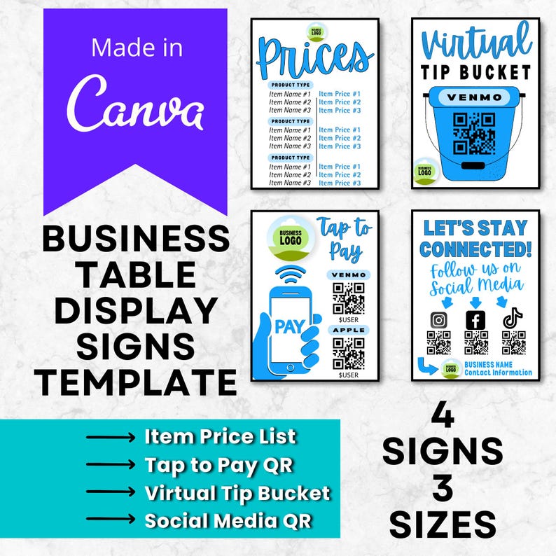 Customizable Business Table Sign Bundle: QR Code, Vendor Display (canva ...