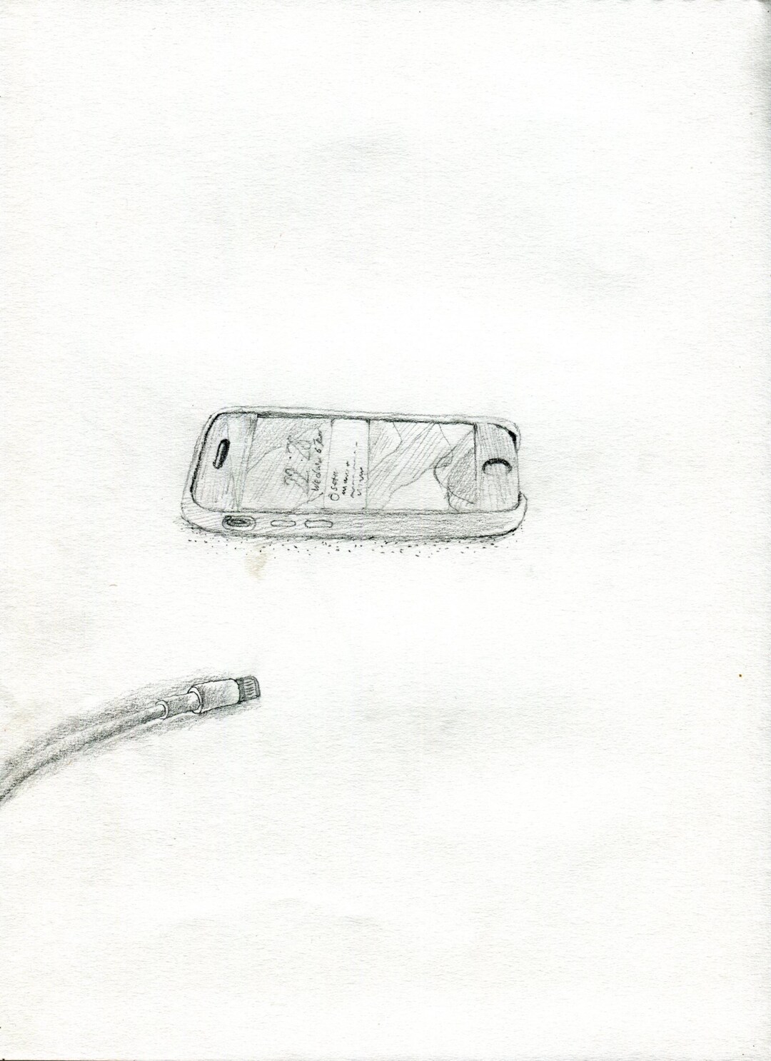 Original Pencil Sketch of a Smartphone and Charging Cable - Minimalist ...