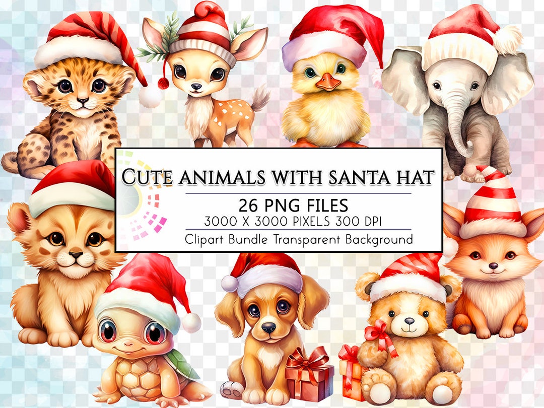 Cute Baby Animals With Santa Hat Clipart Bundle PNG Sublimation Designs ...