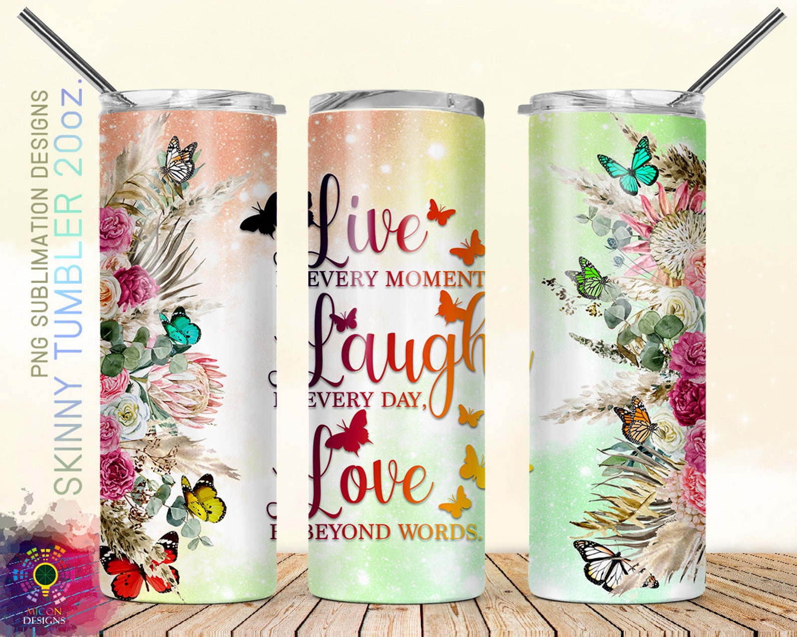 20oz Skinny Tumbler Live laugh love Inspirational Sublimation | Etsy