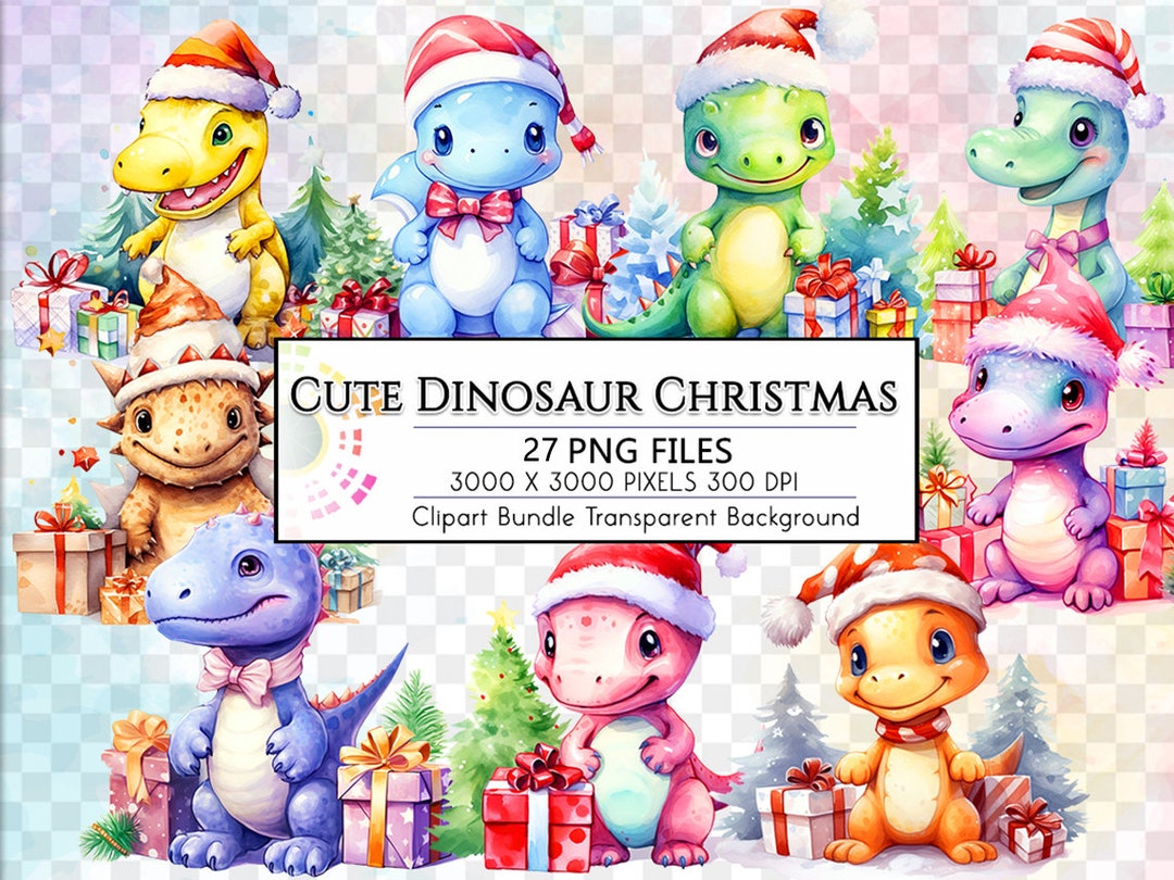 Cute Dinosaurs Christmas With Santa Hat and Presents Clipart Bundle PNG ...