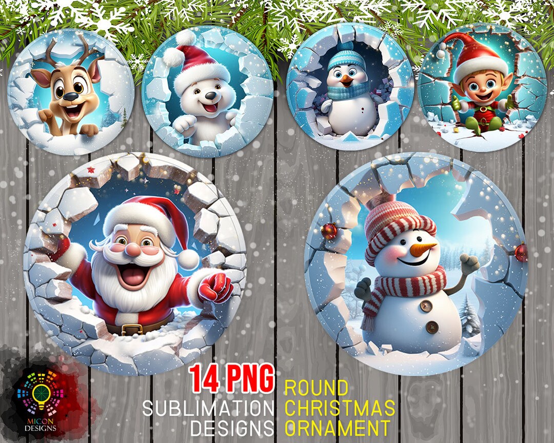 Christmas Coming Out of Hole Round Ornament Bundle PNG Sublimation ...