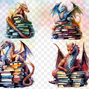 Watercolor Dragon Guarding Stack of Books Clipart, Dragon Books PNG ...