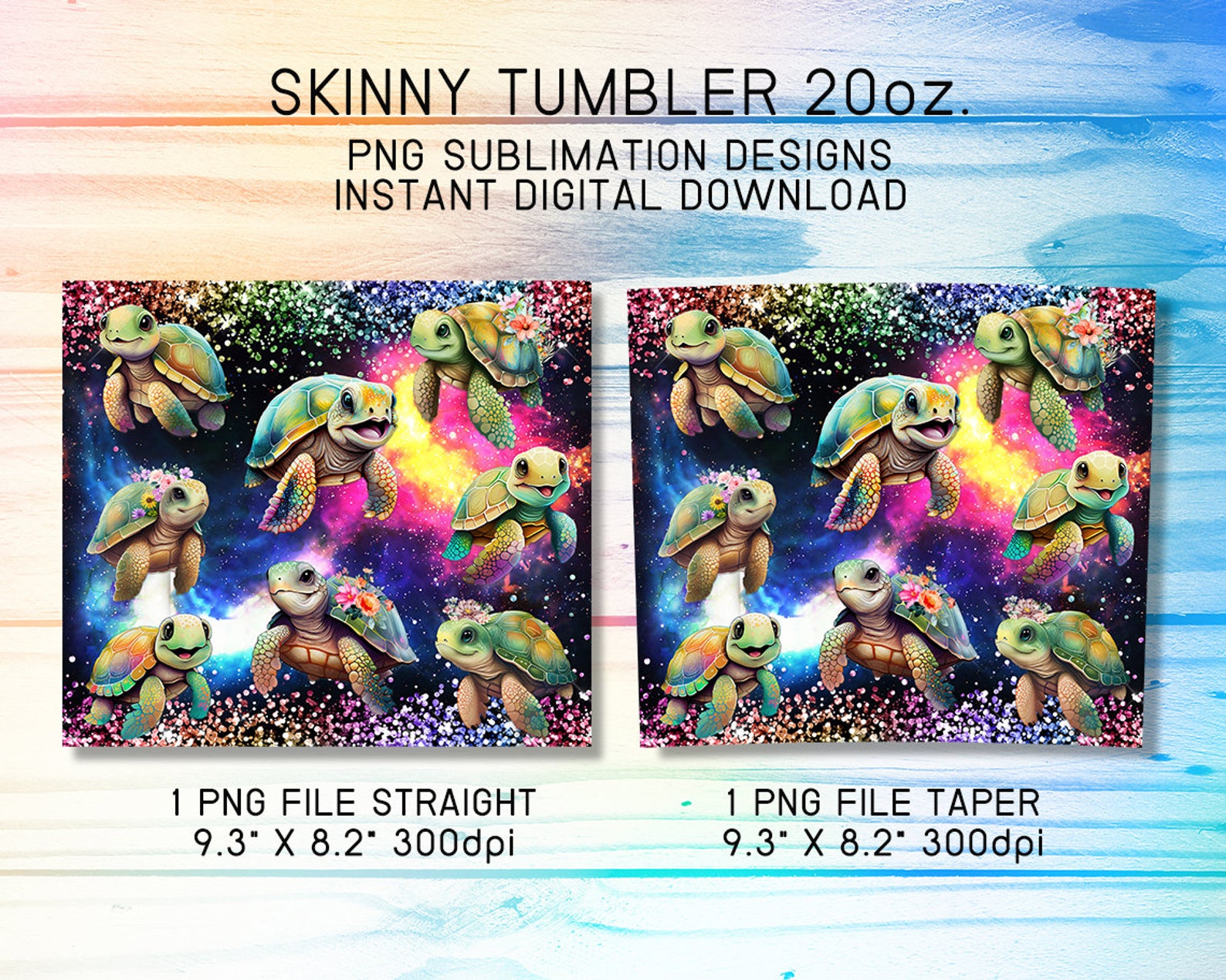20oz Skinny Tumbler Cute Turtle Neon Space Galaxy Glitter PNG ...