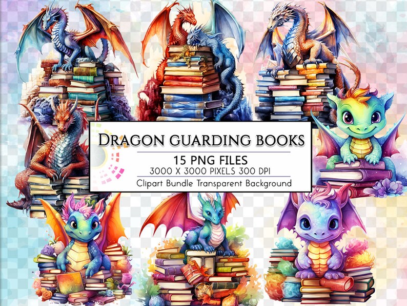 Watercolor Dragon Clipart: Guarding Books PNG Designs (digital Download ...