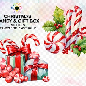 Christmas Candy and Gift Box Watercolor Clipart PNG Transparent ...