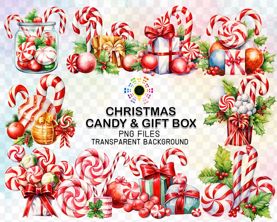 Christmas Candy and Gift Box Watercolor Clipart PNG Transparent ...
