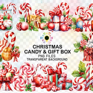 Christmas Candy and Gift Box Watercolor Clipart PNG Transparent ...