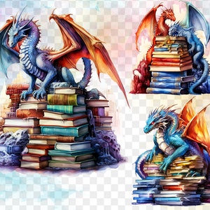 Watercolor Dragon Guarding Stack of Books Clipart, Dragon Books PNG ...