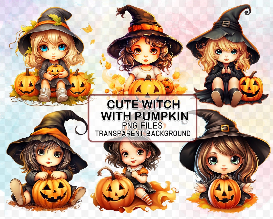 Halloween Little Witch With Scary Pumpkin Watercolor Clipart PNG ...