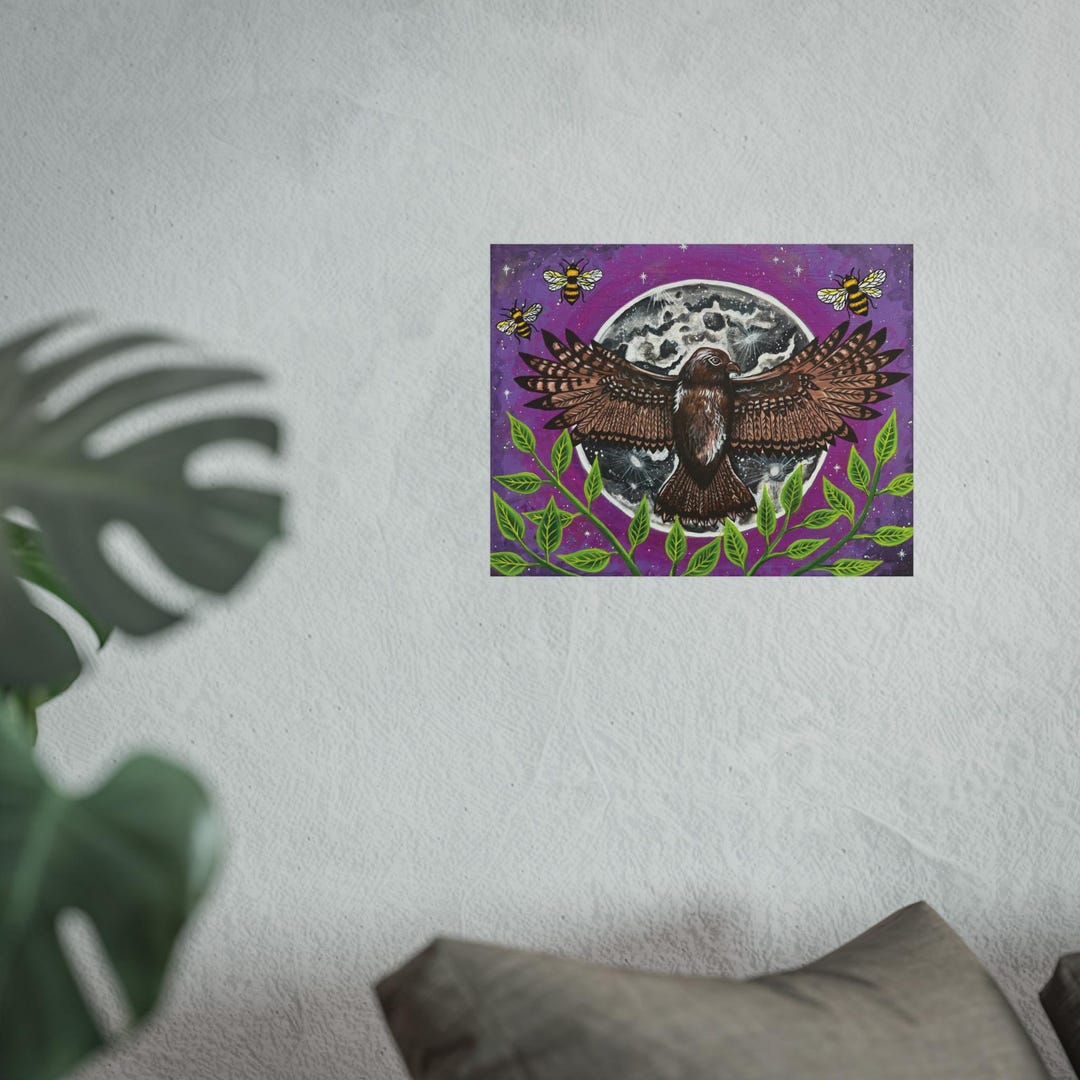 Nature Art Print, Hawk Moon Painting, Wildlife Poster, Full Moon Wall ...