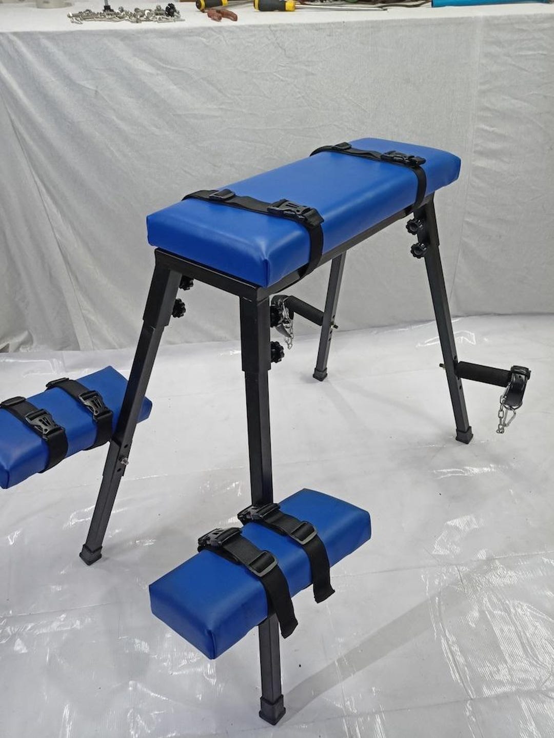 Blue BDSM Spanking Bench – Adjustable Flogging Chair With Restraints ...