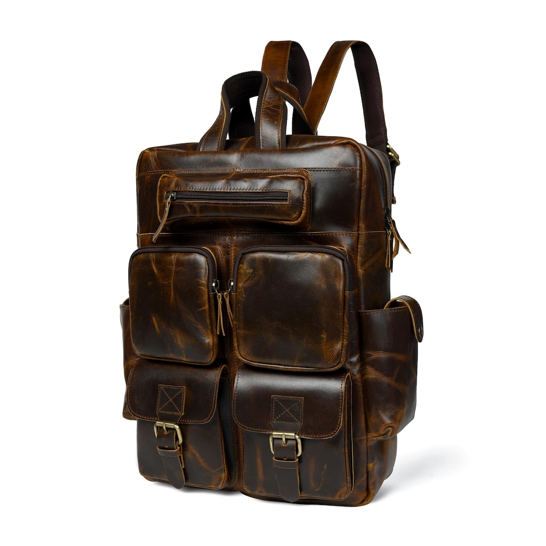 Vintage Style Buffalo Leather Backpack - Multi-functional Rucksack With ...