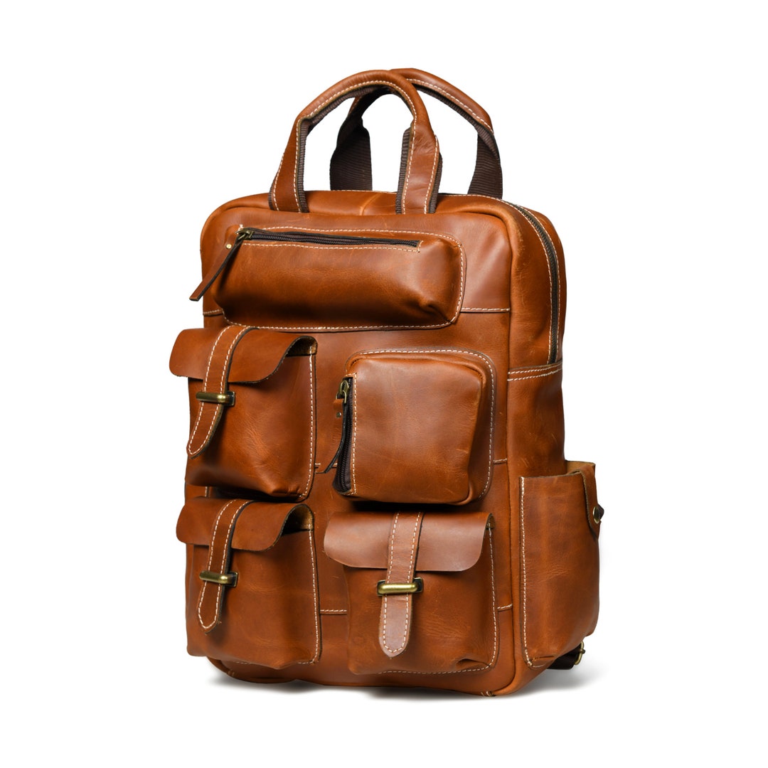 7 Pocket Large Leather Backpack, Handcrafted Top Handle Leather Laptop ...