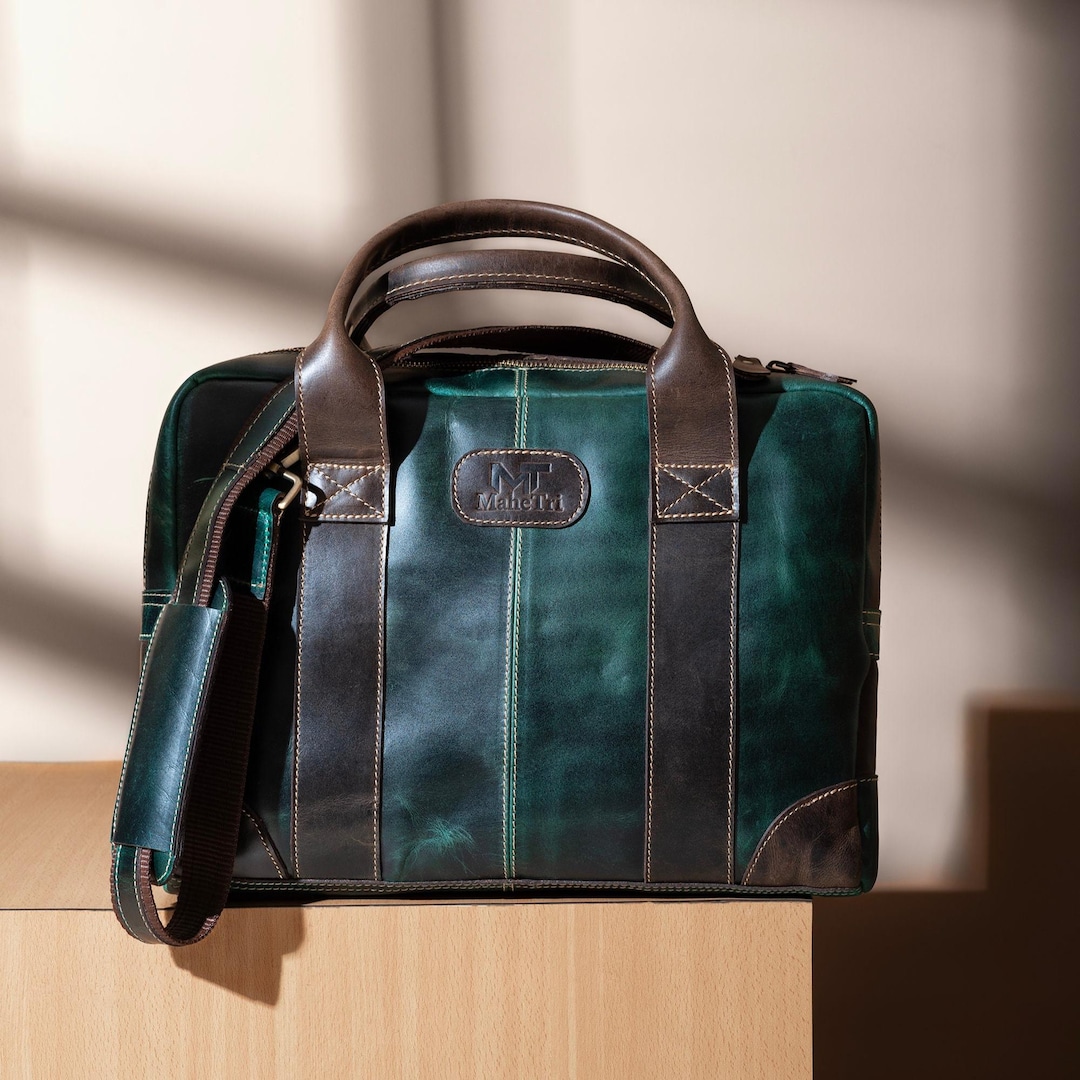 Premium Green Leather Office Briefcase Executive Bag 14 Inch, Green ...