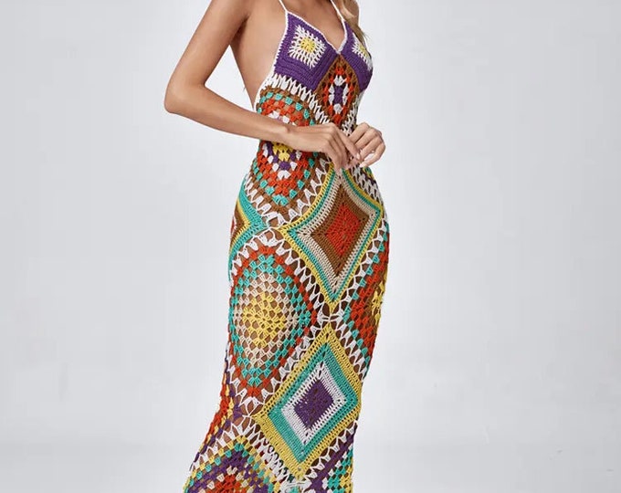 Crochet Granny Square Dress for Women, Handmade Granny Square Dress, Crochet Maxi Dress, Hippie ...